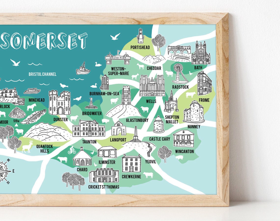 Somerset Map, Illustrated Map, Somerset Gift, County Map, Map Gift ...