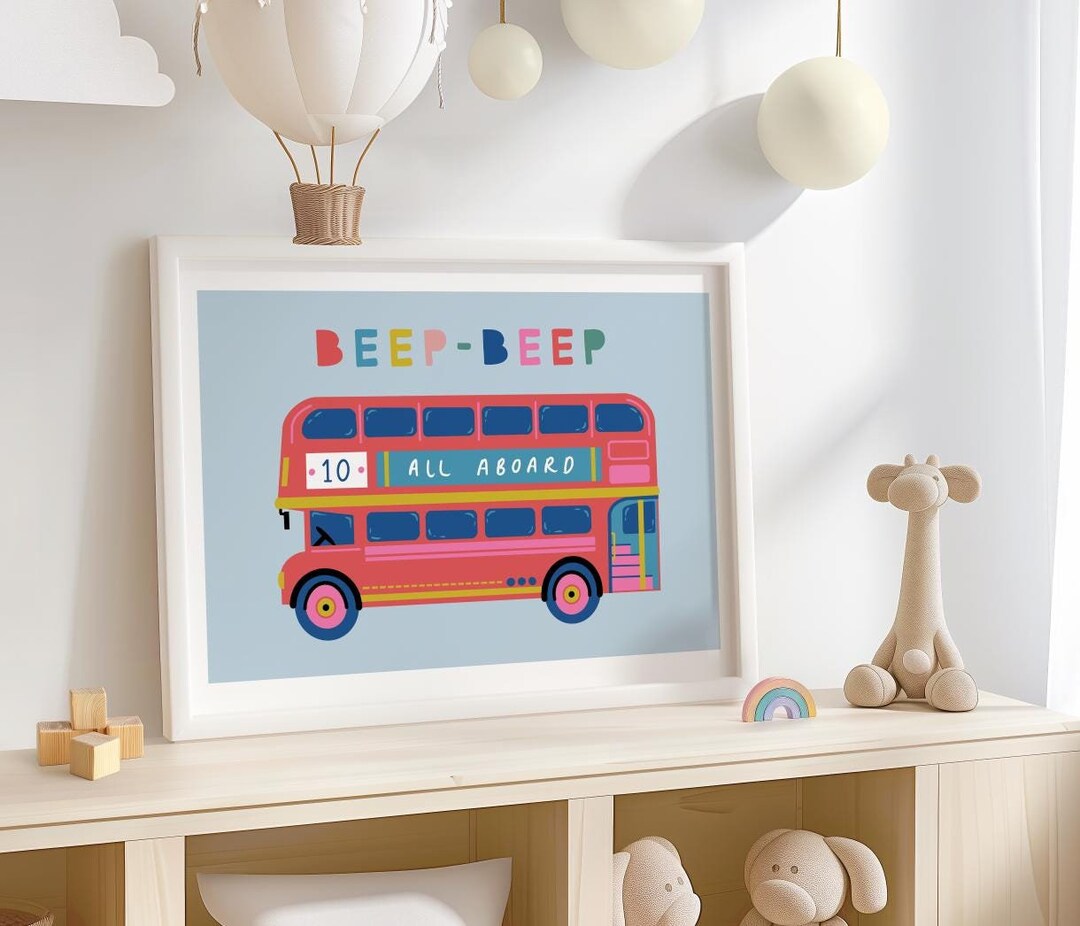 Kids Bus Personalised Nursery Print, Beep Beep, Boys Room Wall Art ...