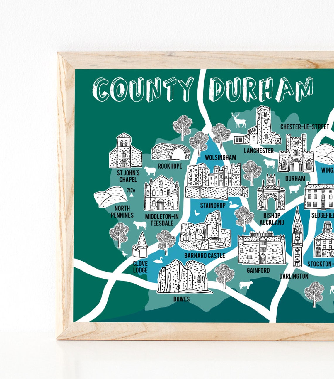 County Durham Map, Illustrated Map, County Durham Gift, Map of Durham ...