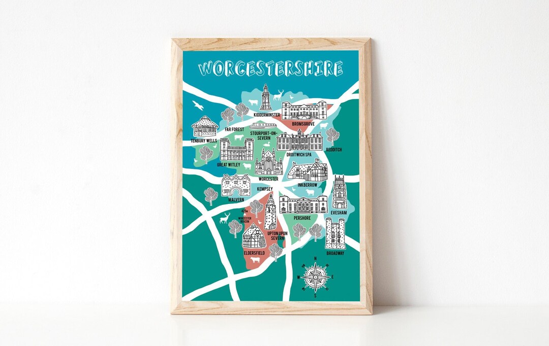 Worcestershire Map, Illustrated Map, Worcestershire Gift, County Map ...