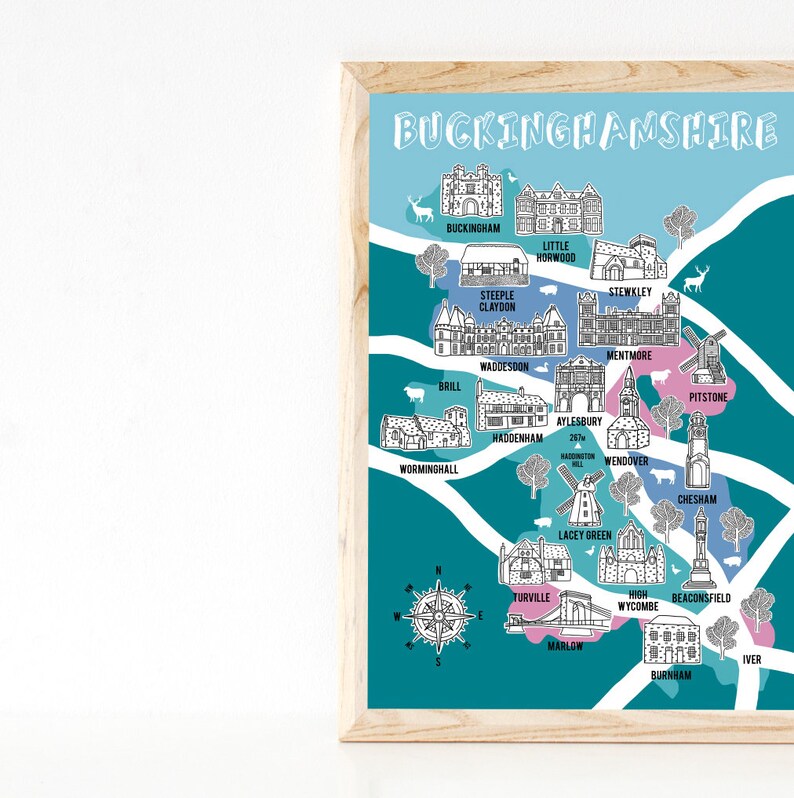 Buckinghamshire Map, Buckinghamshire Gifts, Map Illustration, County ...