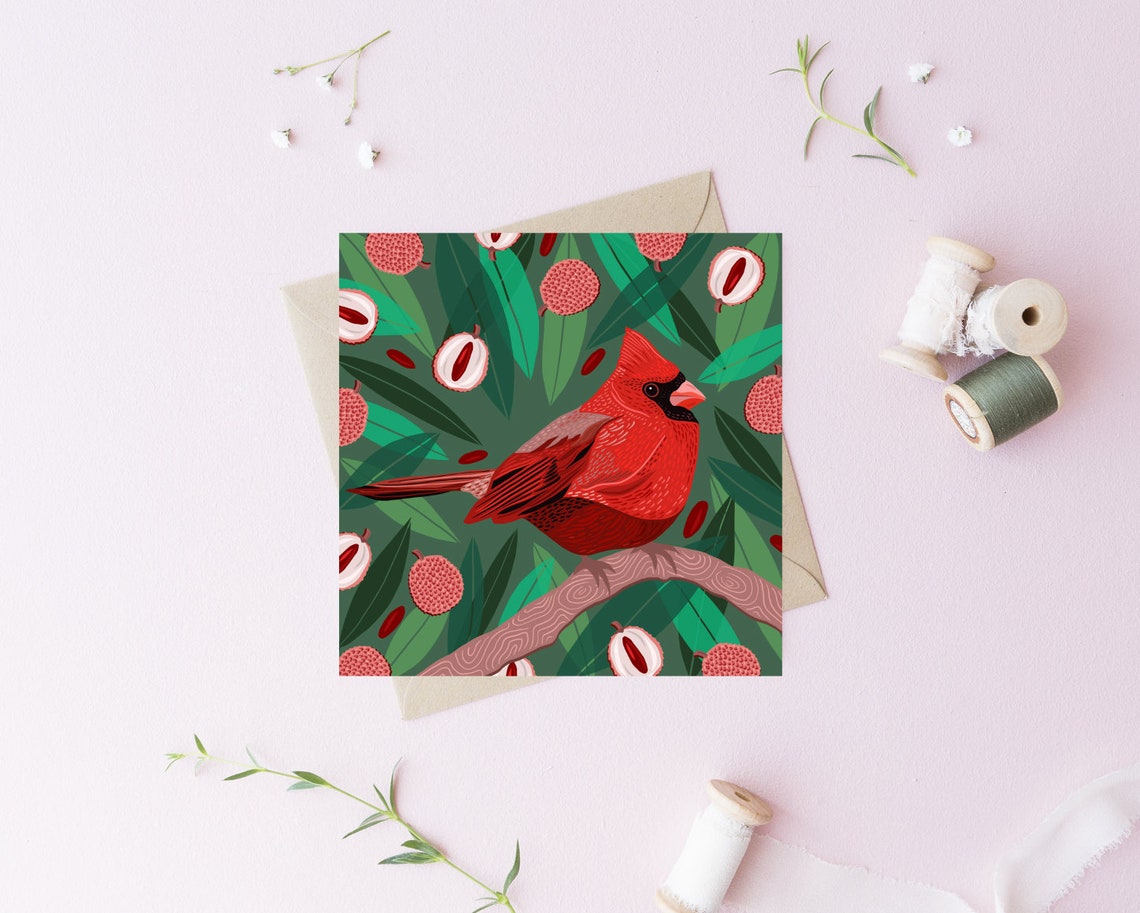 Cardinal Card Bird Card Quirky Bird art Red Bird art Bird | Etsy