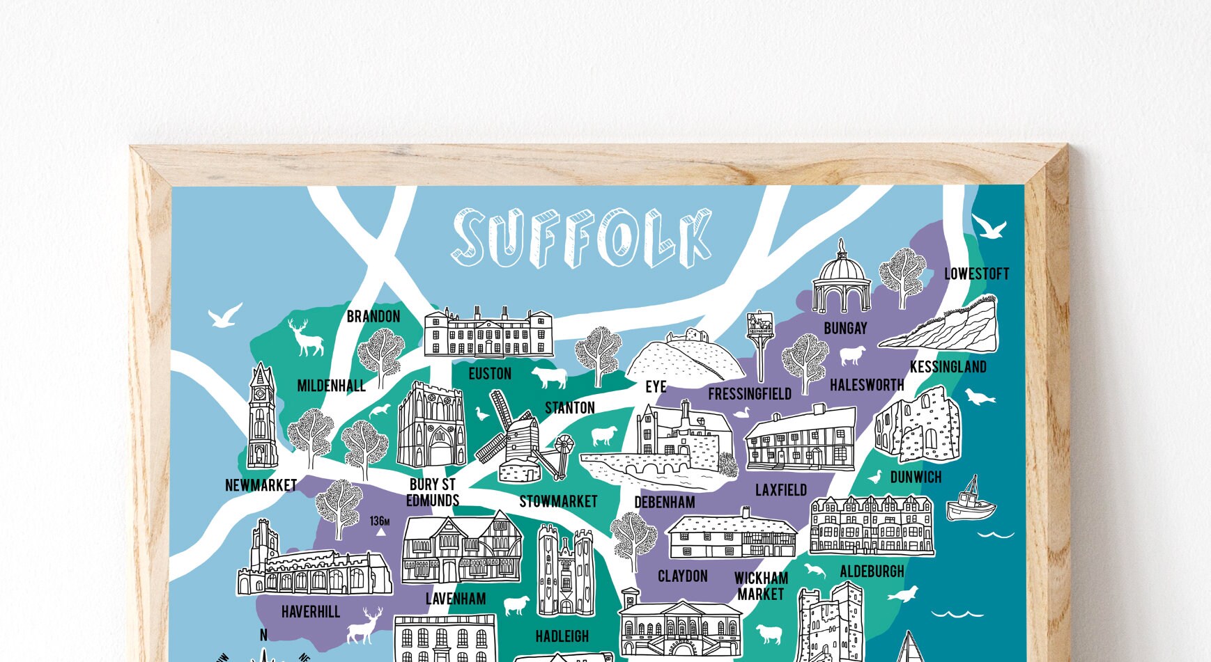 Suffolk Map Illustrated Map Suffolk Gift Map of Suffolk | Etsy