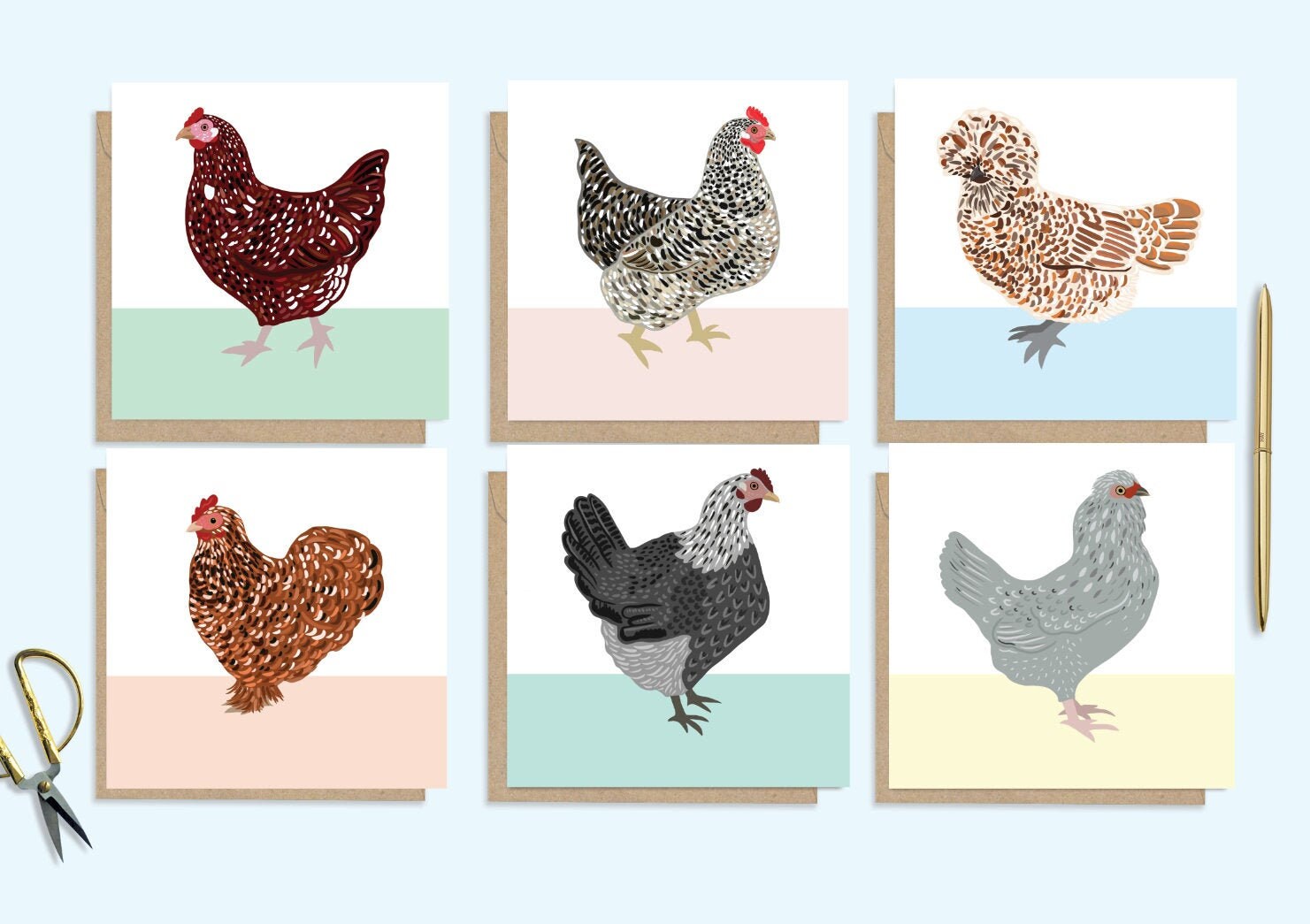 Set of 6 Chicken Cards Chicken cards colourful Chicken | Etsy