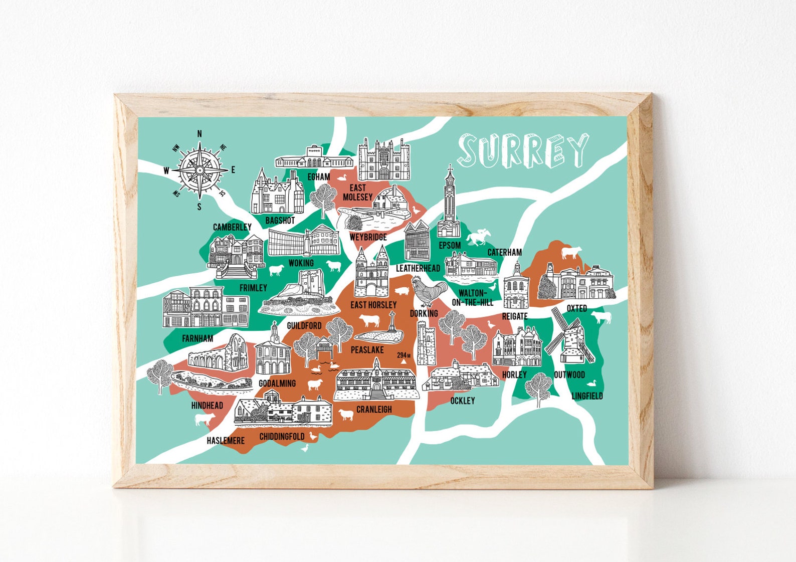 Surrey Map Illustrated Map Surrey Gifts Map of Surrey - Etsy UK
