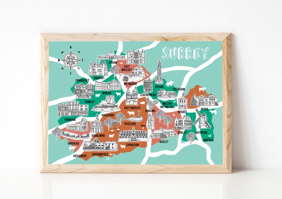 Surrey Map Illustrated Map Surrey Gifts Map of Surrey | Etsy