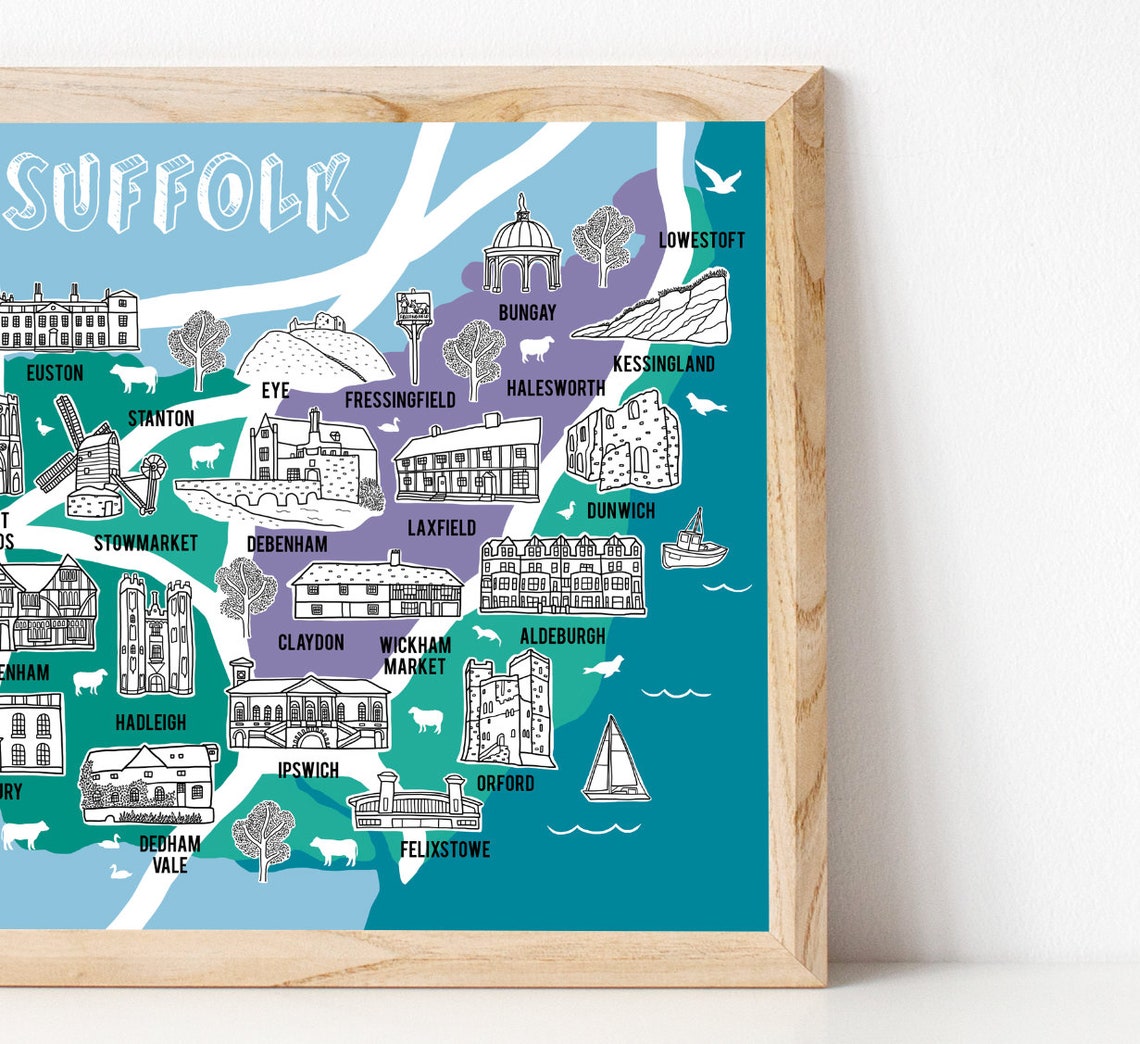 Suffolk Map Illustrated Map Suffolk Gift Map of Suffolk | Etsy