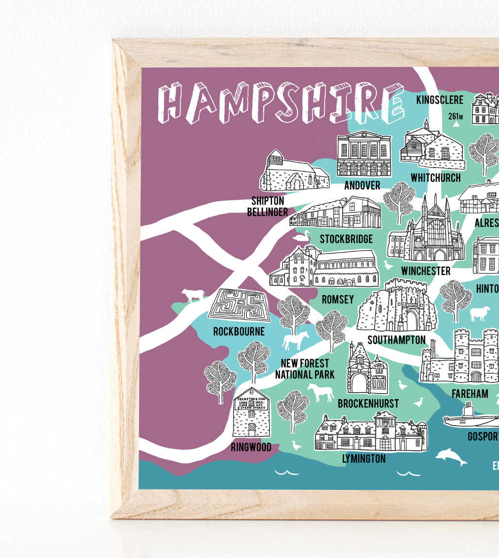 Hampshire Map Illustrated Map Hampshire Gift Map of - Etsy UK