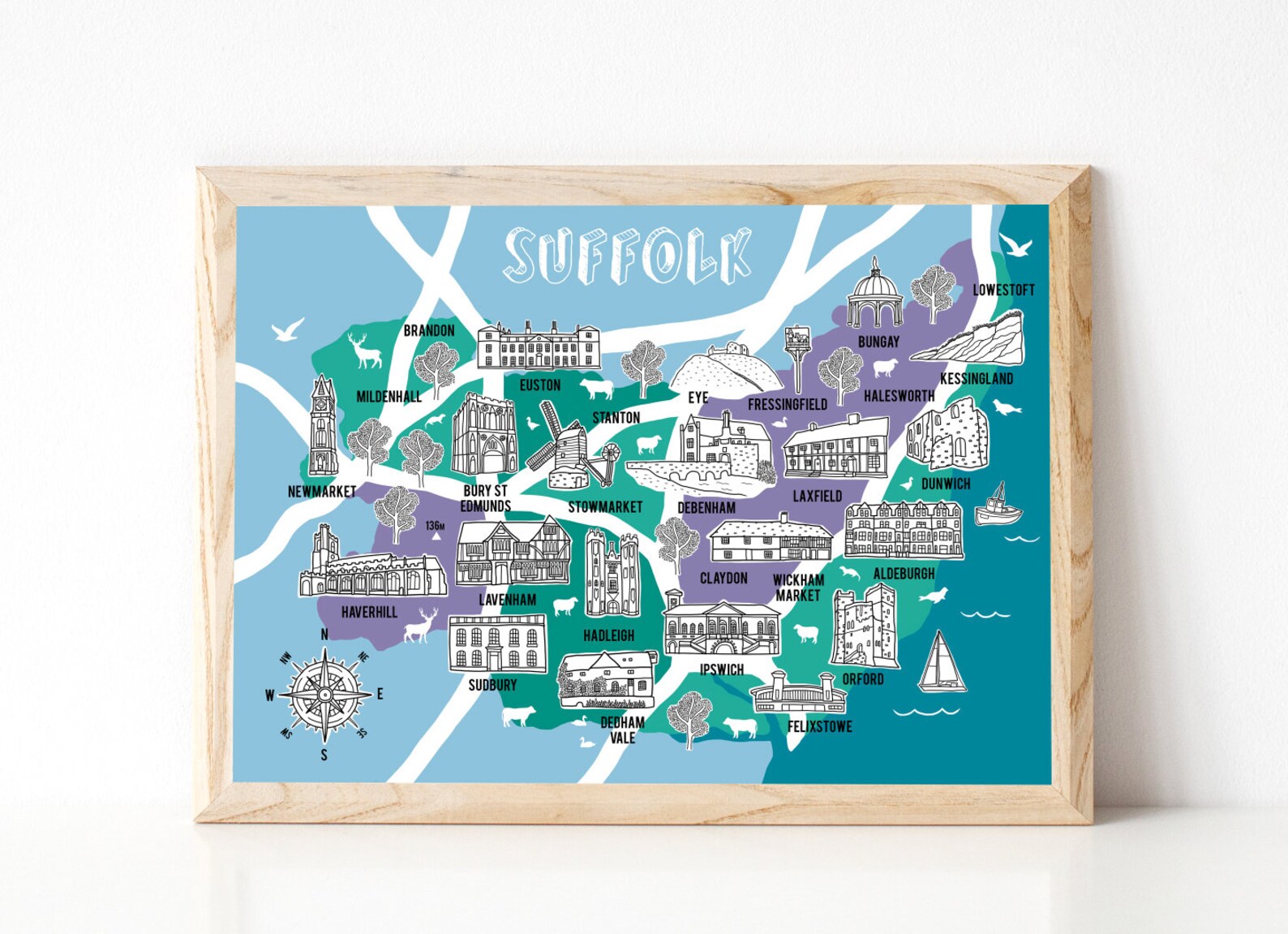 Suffolk Map, Illustrated Map, Suffolk Gift, Map of Suffolk, Map ...