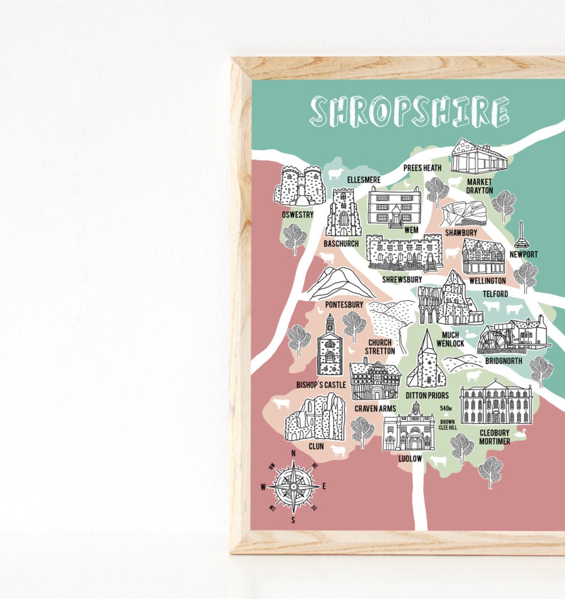 Shropshire Map Illustrated Map Shropshire Gifts Map of | Etsy