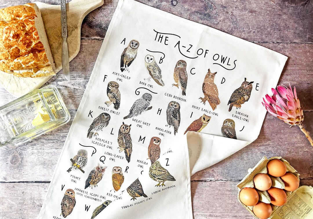 Owls Tea Towel, A-Z of Owls Tea Towel, Illustrated Tea Towel, Owls ...