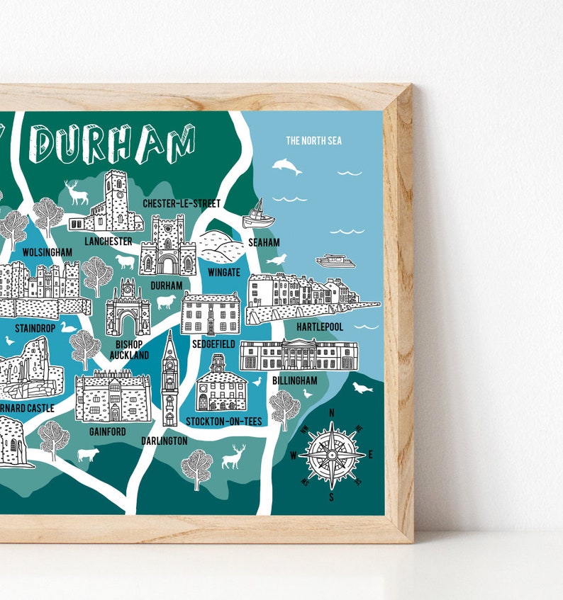 County Durham Map, Illustrated Map, County Durham Gift, Map of Durham ...