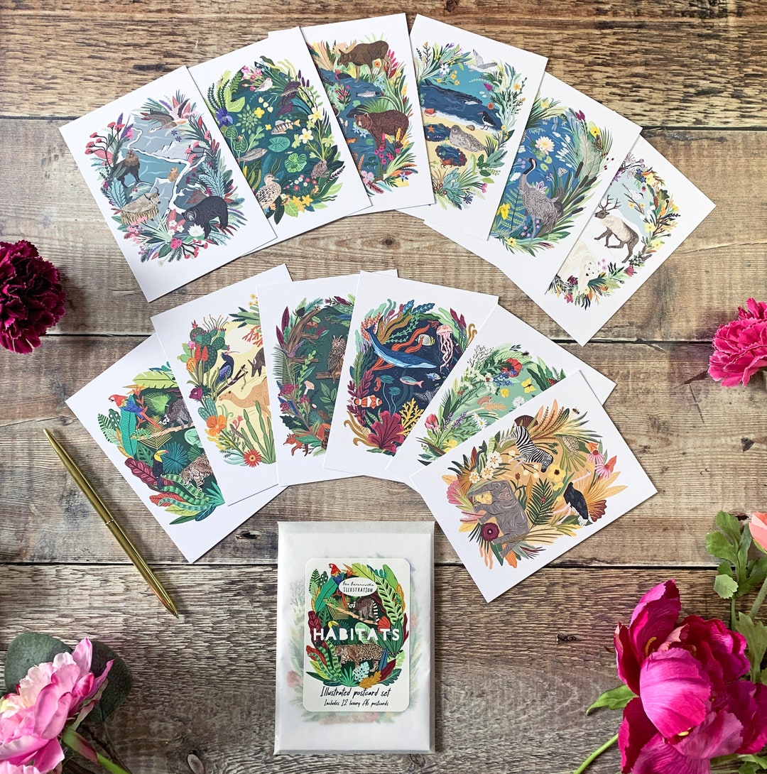 A6 Postcard Set, 12 Illustrated Postcards, Habitat Postcard Set ...
