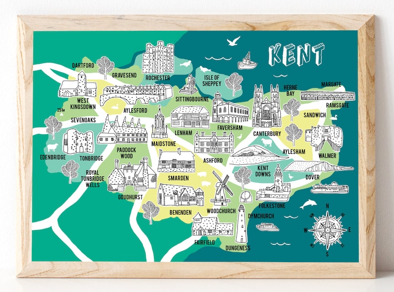 Kent Map, Illustrated Map, Kent Gifts, Map of Kent, Kent Art, Map ...