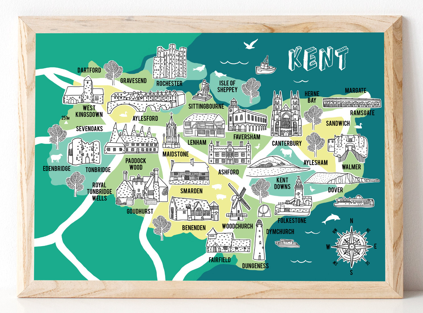 Kent Map, Illustrated Map, Kent Gifts, Map of Kent, Kent Art, Map ...