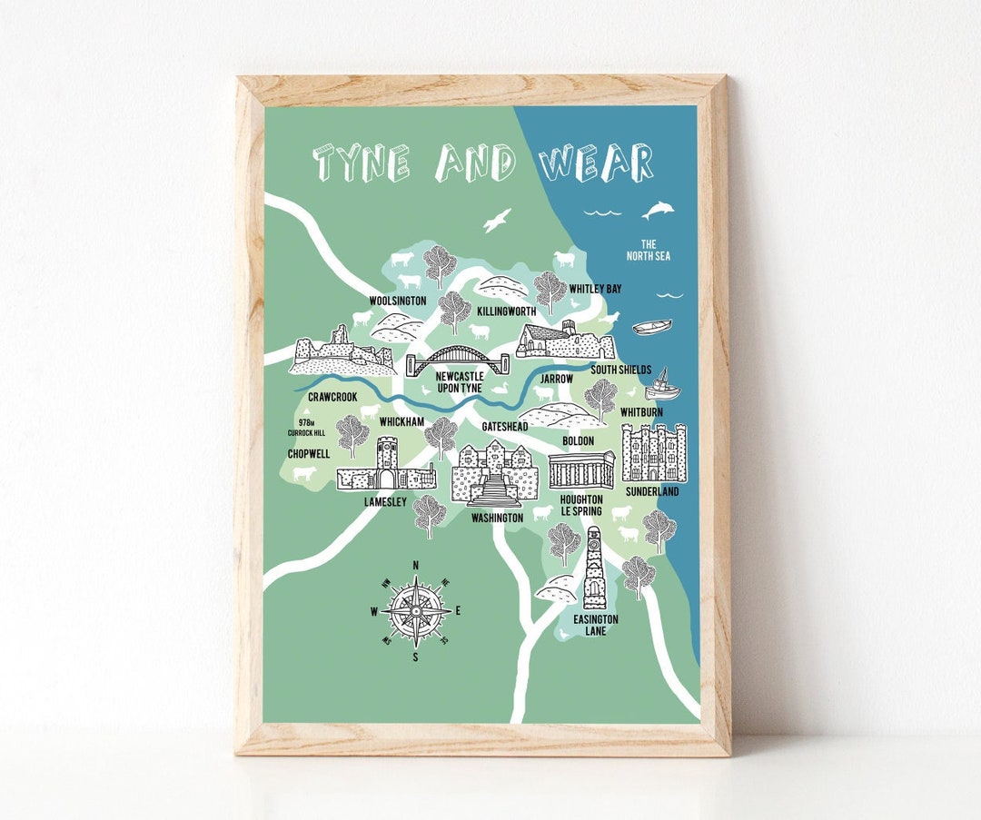 Tyne and Wear Map, Tyne and Wear Gifts, Map Illustration, County Map ...