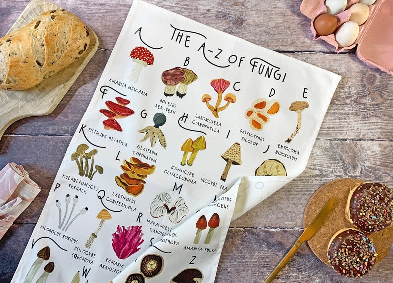 A-Z of Fungi Tea Towel, Cute Mushrooms Tea Towel, Mushroom Alphabet ...