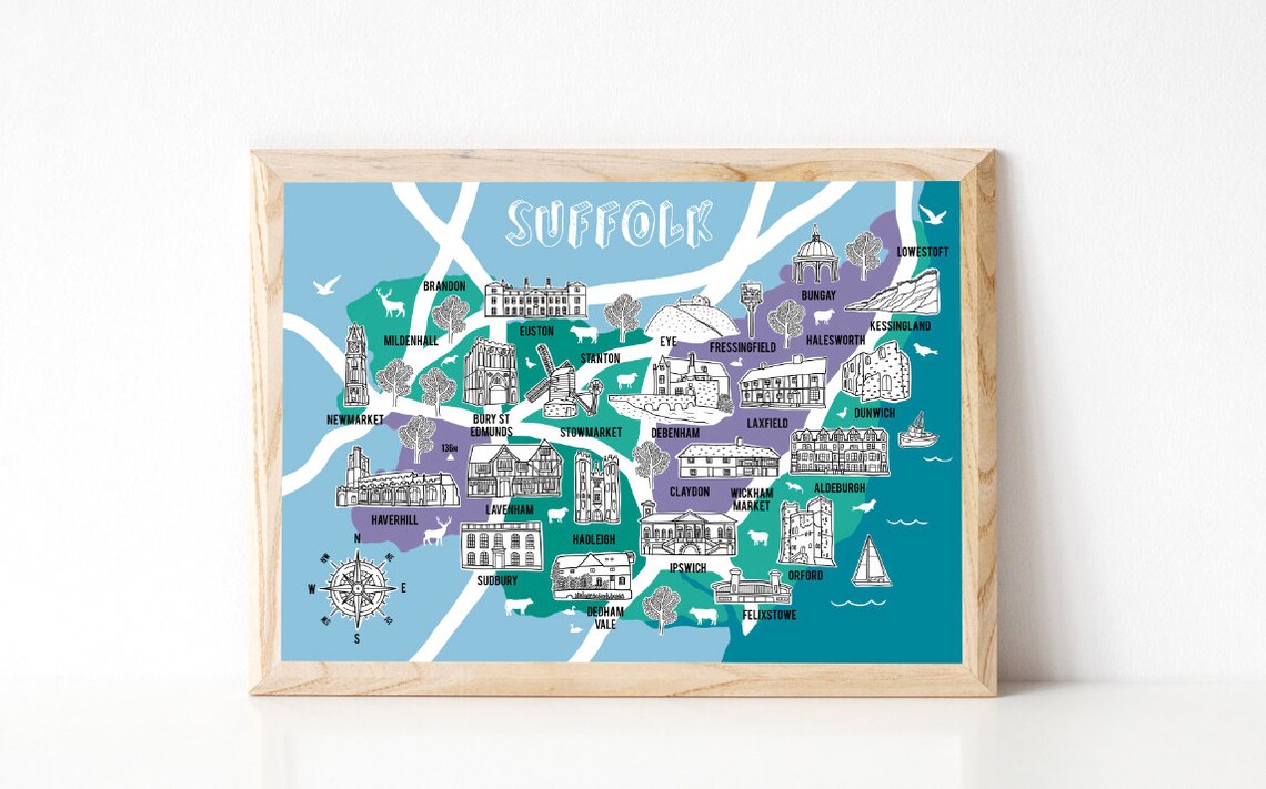 Suffolk Map Illustrated Map Suffolk Gift Map of Suffolk | Etsy