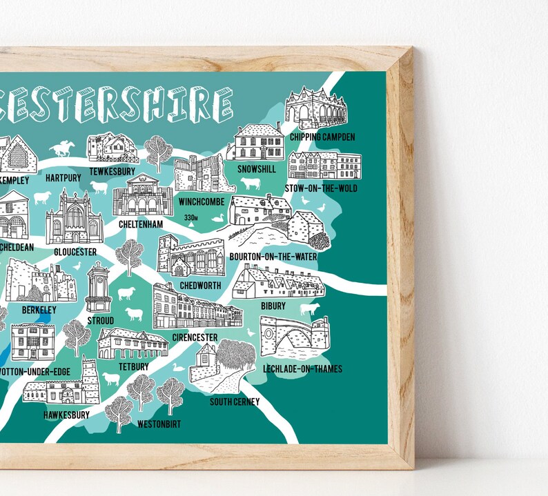 Gloucestershire Map Illustrated Map Gloucestershire Gift | Etsy