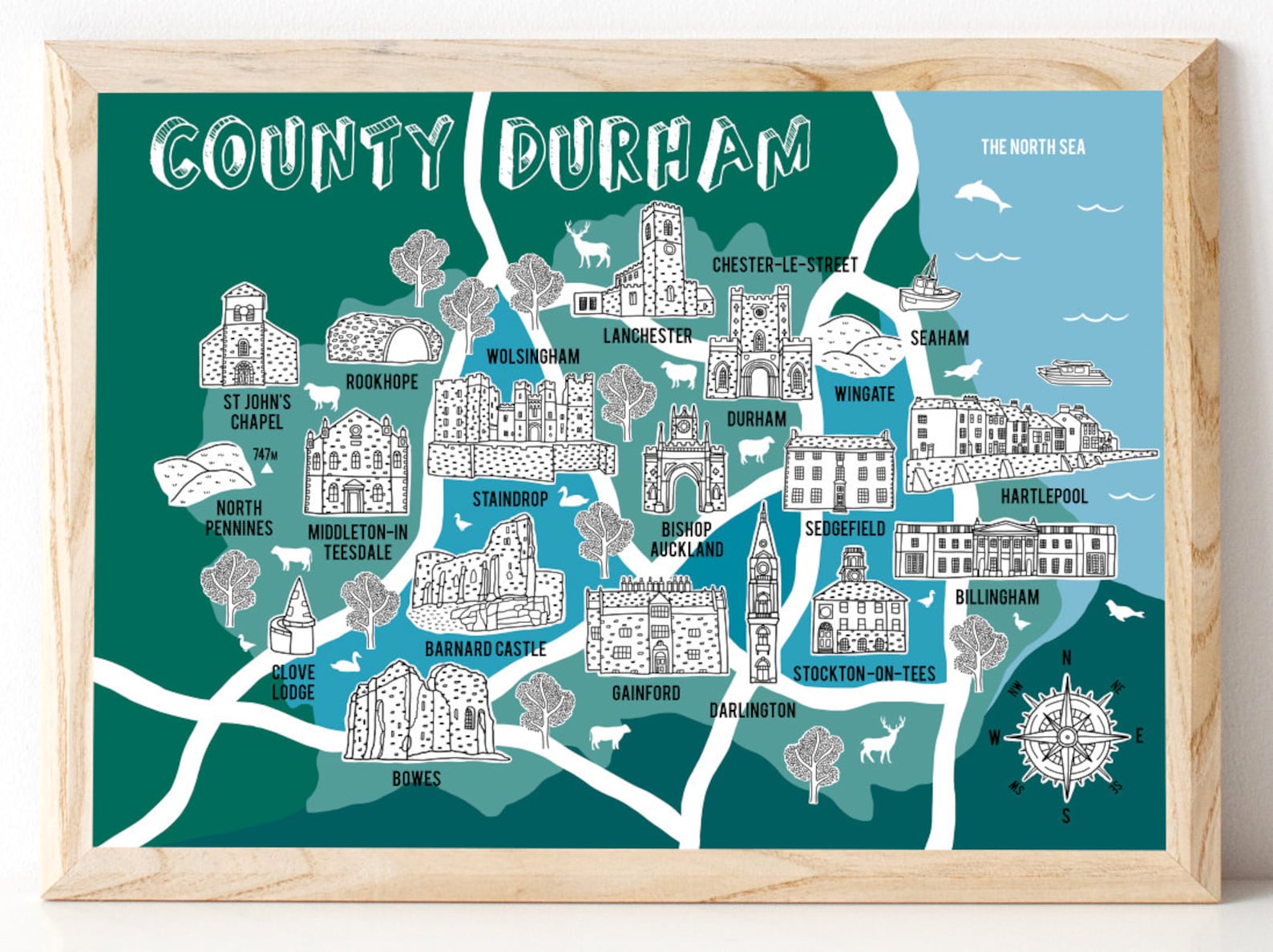 County Durham Map, Illustrated Map, County Durham Gift, Map of Durham ...