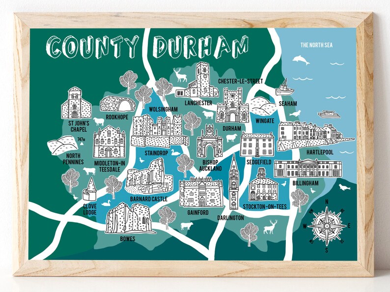 County Durham Map, Illustrated Map, County Durham Gift, Map of Durham ...