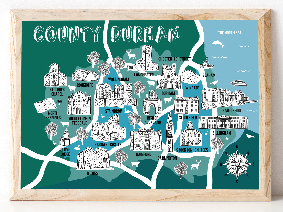 County Durham Map, Illustrated Map, County Durham Gift, Map of Durham ...