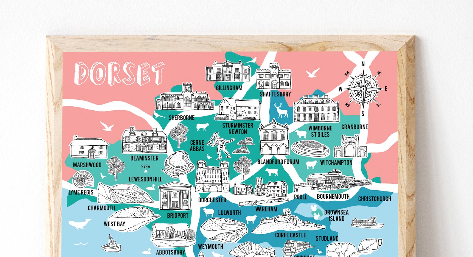 Dorset Map, Illustrated Map, Dorset Gift, Map of Dorset, Dorset Art ...