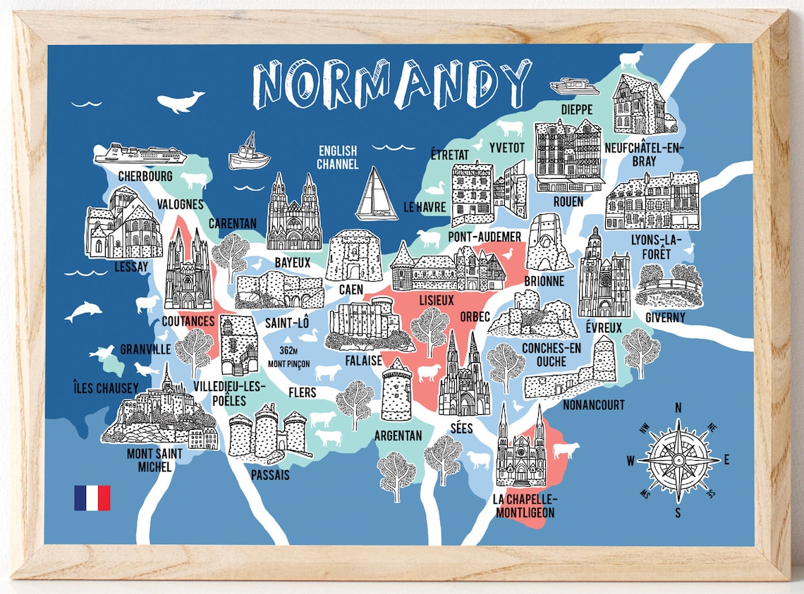 Normandy map Normandy gifts Map illustration French Map | Etsy