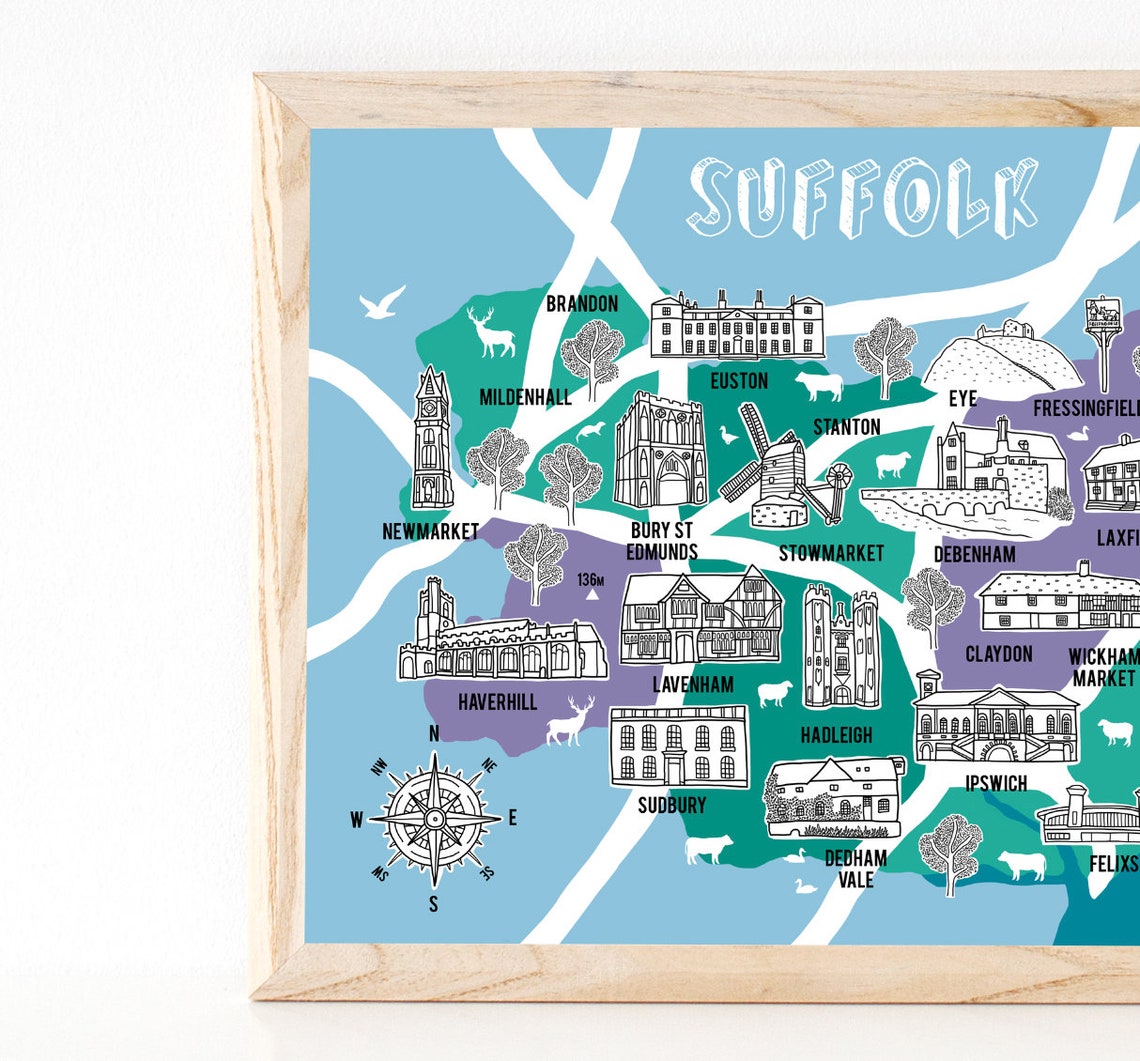 Suffolk Map Illustrated Map Suffolk Gift Map of Suffolk - Etsy