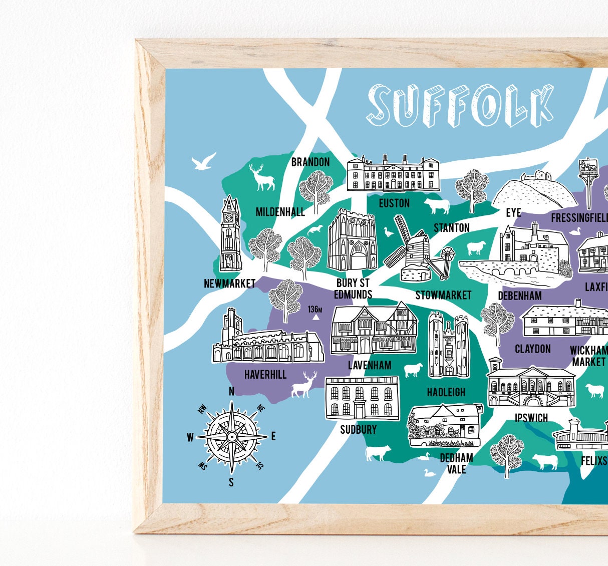 Suffolk Map, Illustrated Map, Suffolk Gift, Map of Suffolk, Map ...