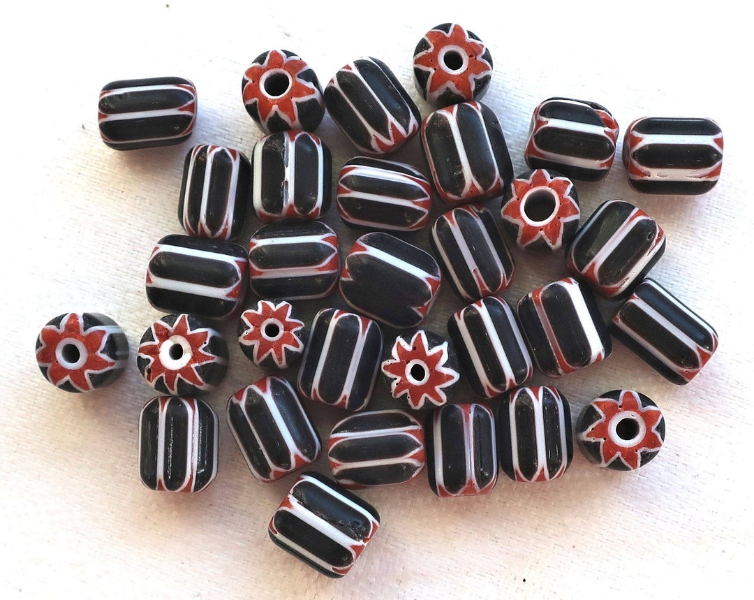 Twenty Black, White & Red Striped Chevron Glass Tube or Barrel Beads ...