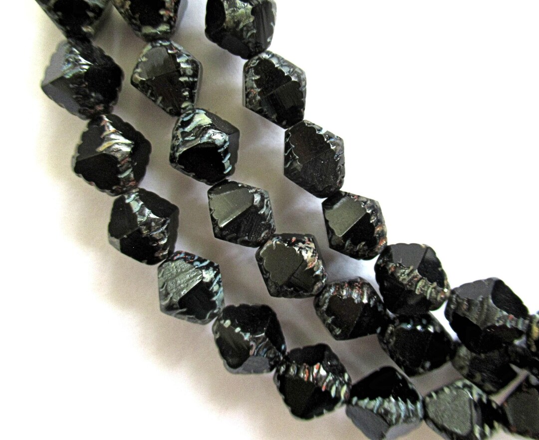 Fifteen Czech Glass Bicones - 10 X 8mm Jet Black Picasso Carved Notched ...