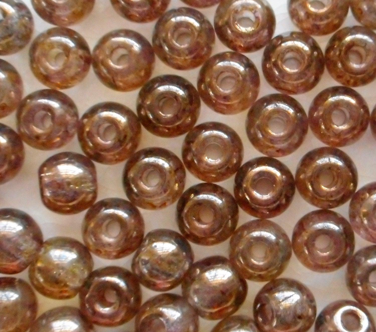 25 8mm Czech Glass Big Hole Beads, Lumi Brown Smooth Round Druk Beads ...
