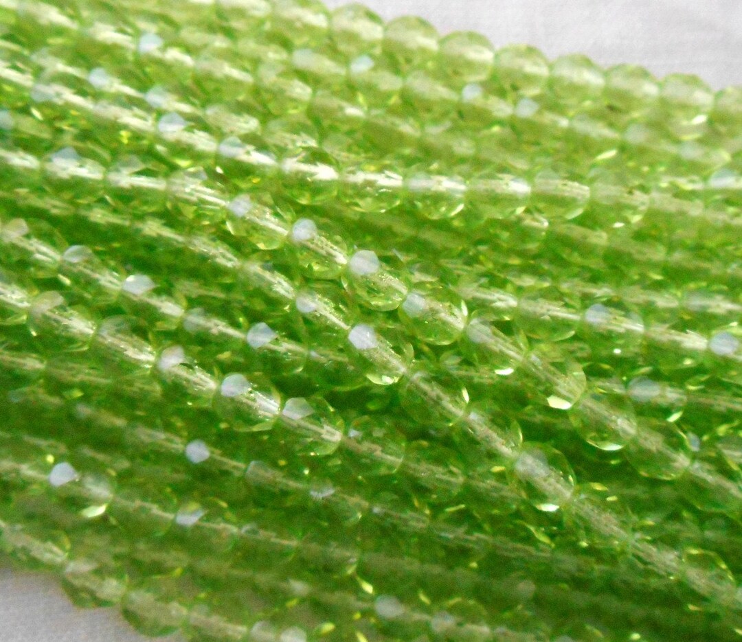 50 4mm Lime Green Czech Glass Beads, Firepolished, Faceted Round Beads ...