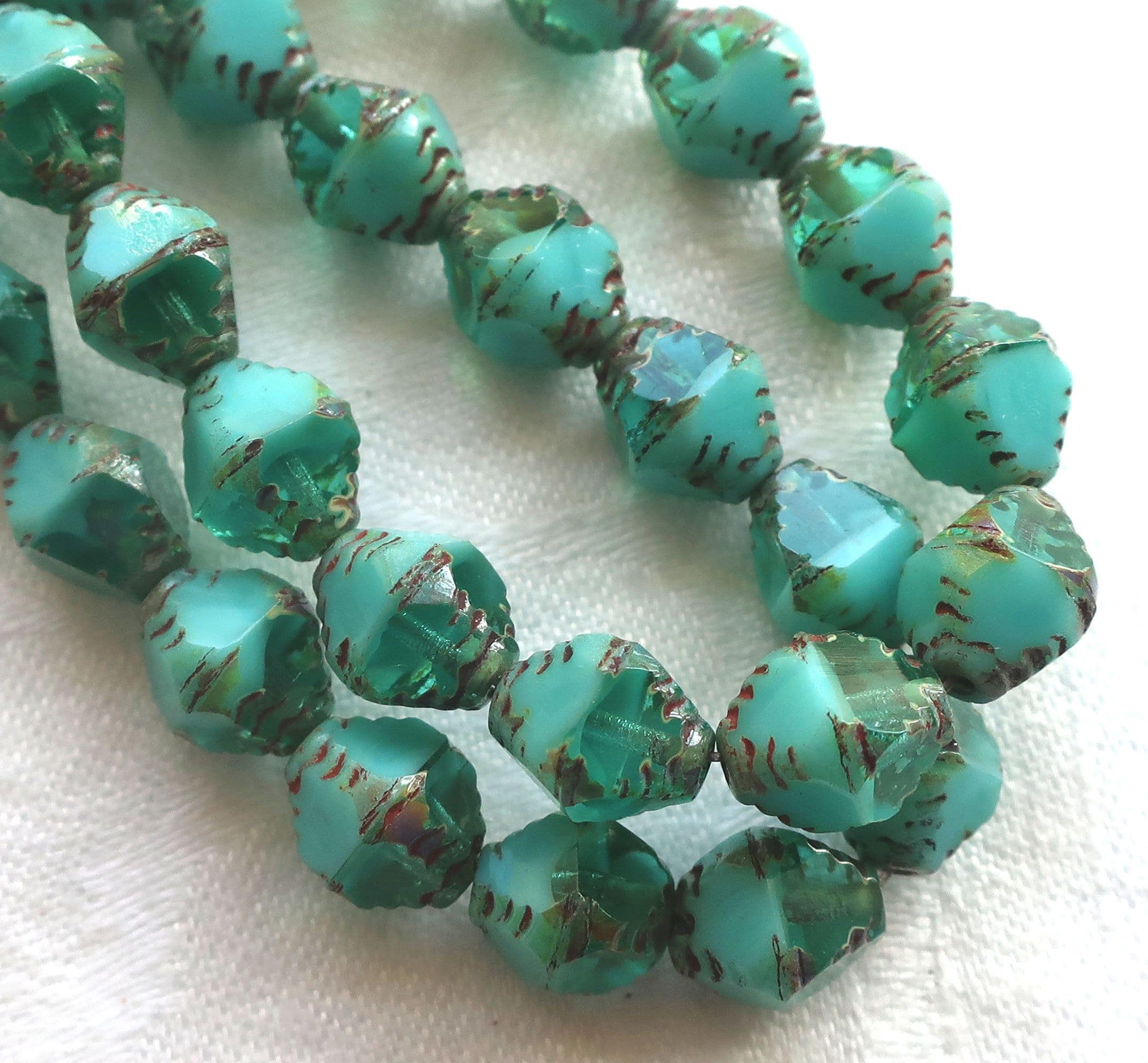 Lot of 15 Czech Glass Bicones, Turquoise Blue Green Opaque and ...