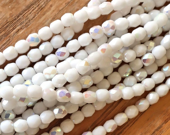 Lot of 50 4mm Czech Opaque Chalk White AB Glass Beads, Firepolished ...