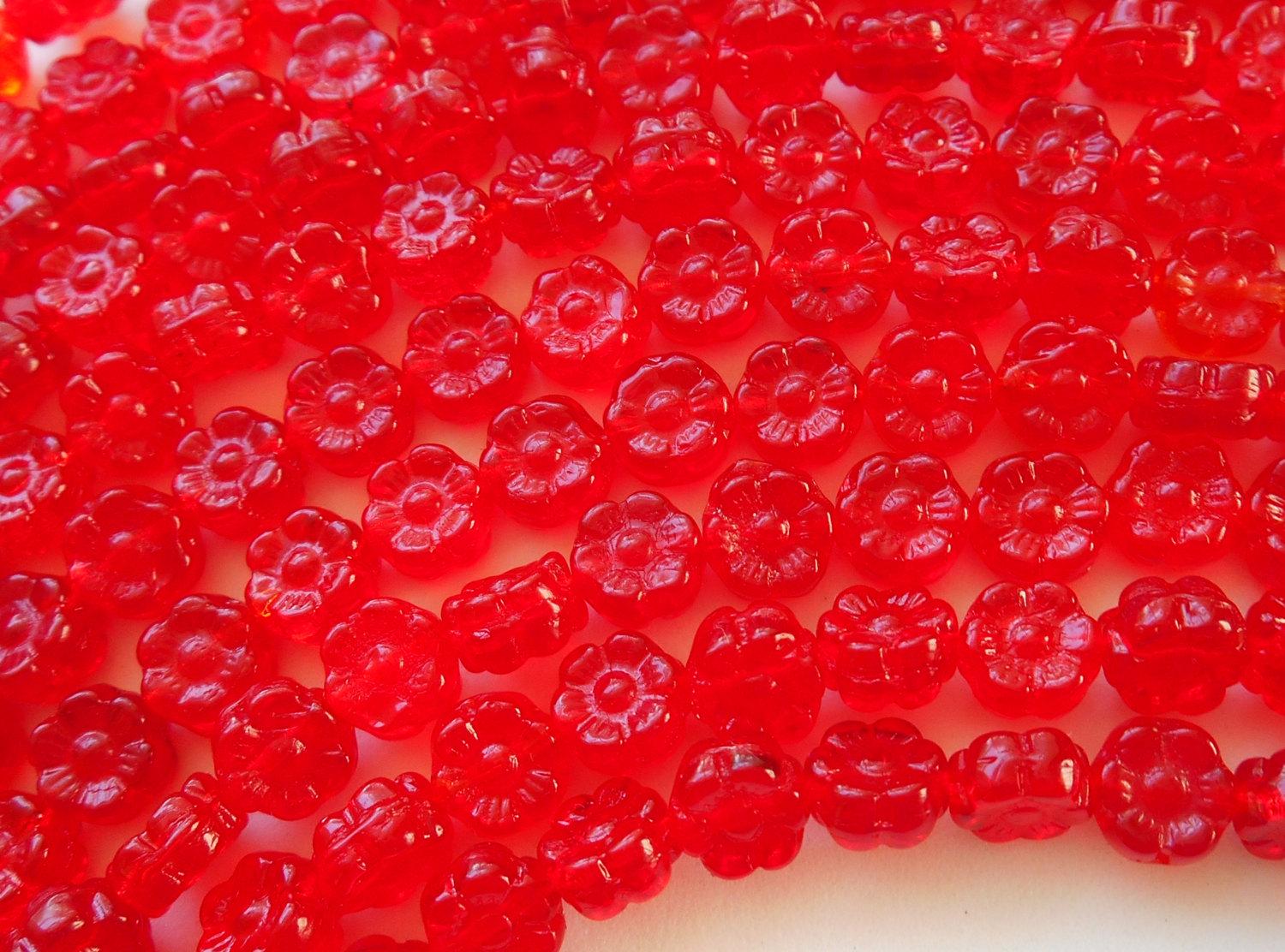 25 6mm Siam Red Czech Glass Flower Beads, Pressed Glass Red Flower ...