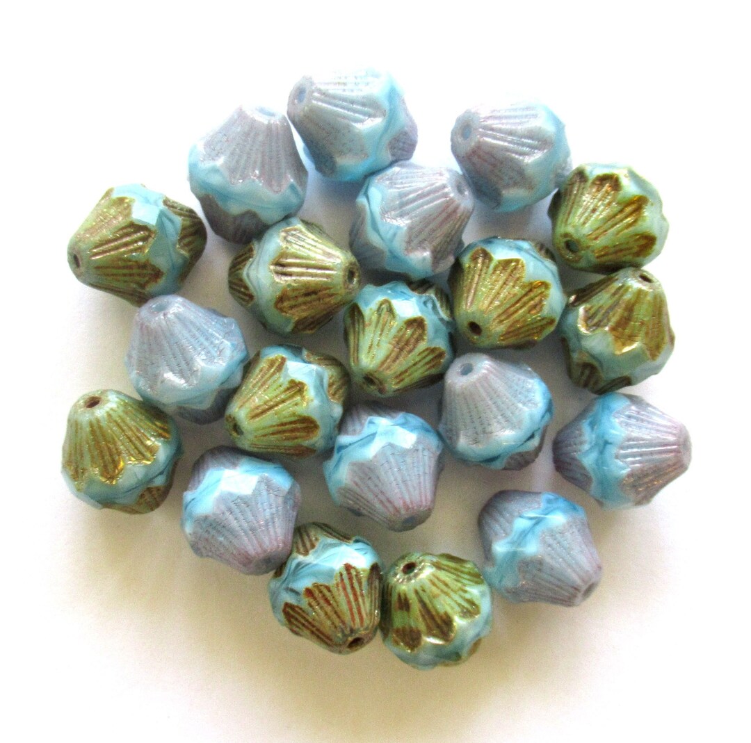 Six 13mm Czech glass bicones large light blue and white marbled with ...