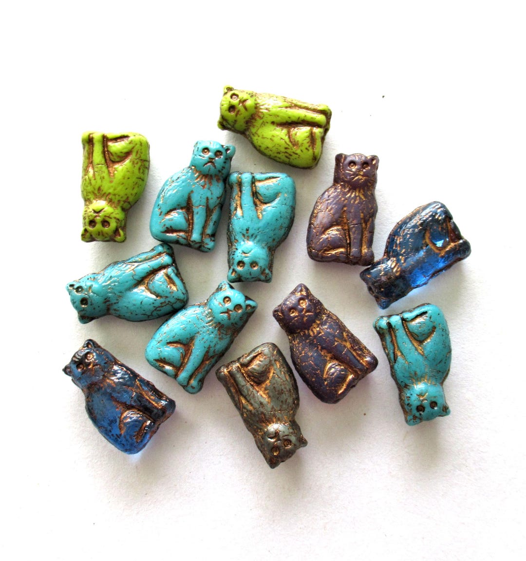 Ten Czech Glass Cat Beads - Color Mix of Opaque & Transparent Cats With ...