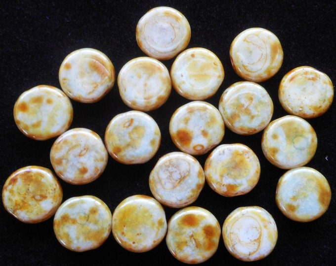 Lot of 25 8mm Czech Glass Flat Round Beads, Opaque White With a Full ...