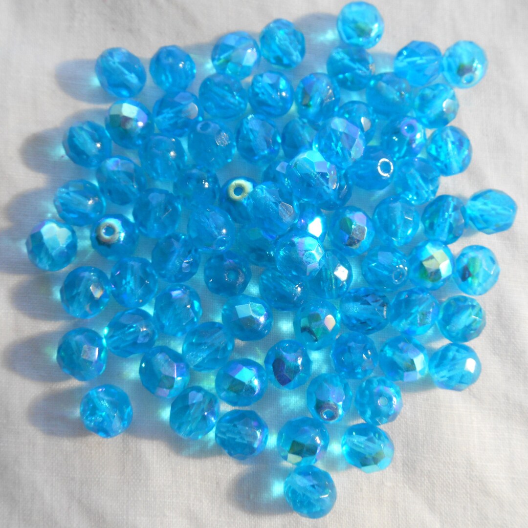 25 8mm Aqua Blue AB Beads, Faceted Round Firepolished Glass Beads C2625 ...