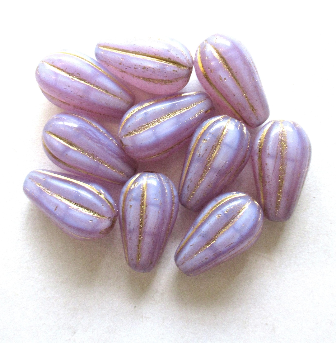 Ten Czech Glass Teardrop Melon Beads - Silky Lavender Purple Lilac Opal ...