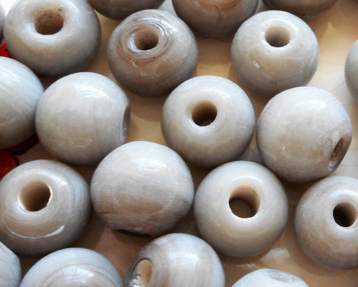 Ten 12mm Opaque Gray Big Large Hole Glass Beads With 3mm Holes, Smooth ...