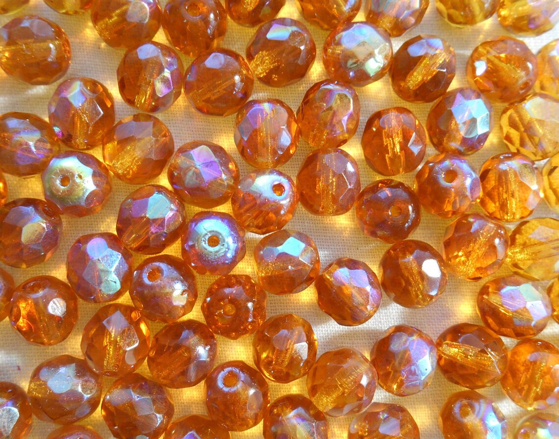 25 8mm Amber AB beads faceted round firepolished glass beads | Etsy