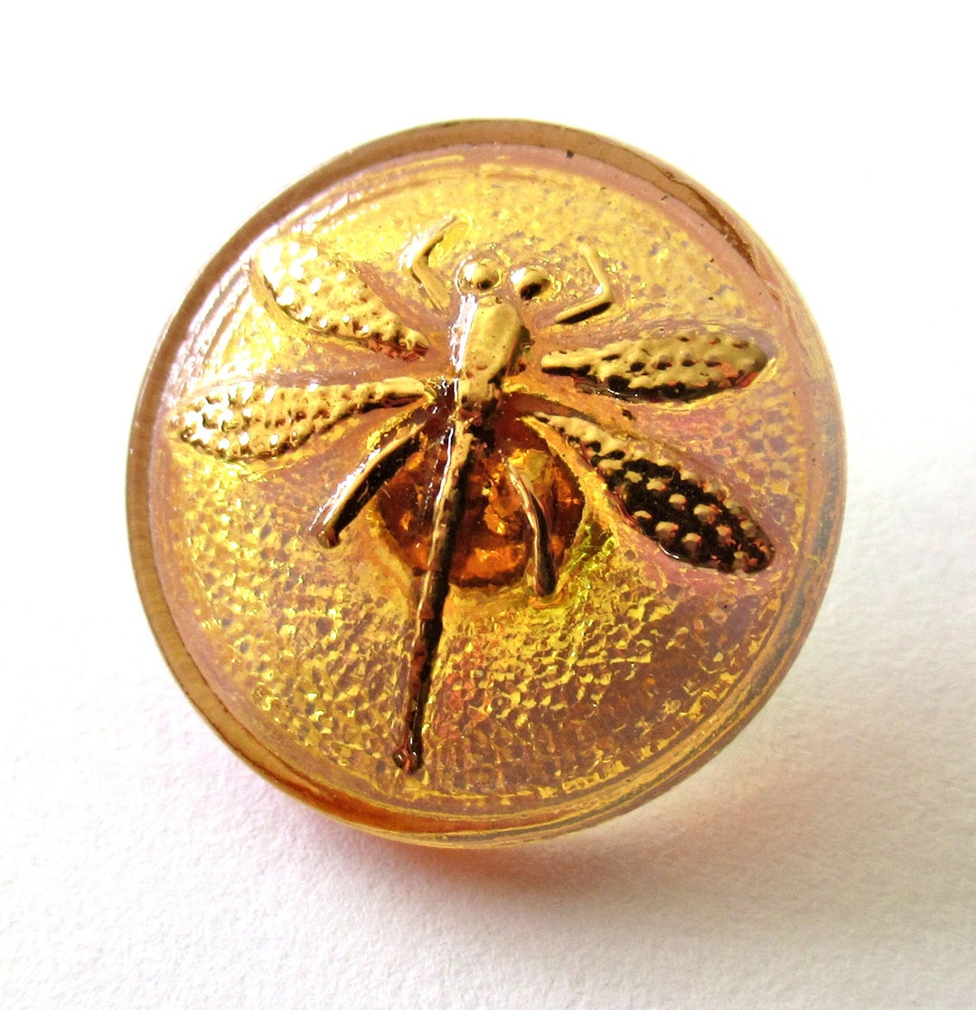 One 18mm Czech Glass Dragonfly Button Light Topaz With a Gold Dragonfly ...