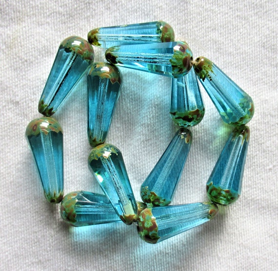 Lot of six Czech glass long teardrop beads 9 x 20mm elongated tear ...