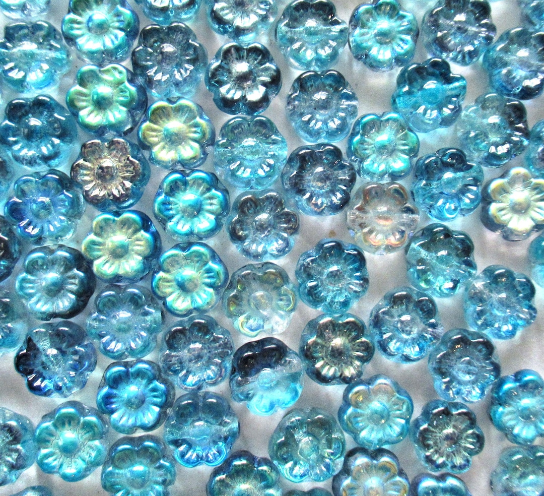 25 6mm Small Czech Glass Flower Beads - Transparent Blue Mix With an Ab ...
