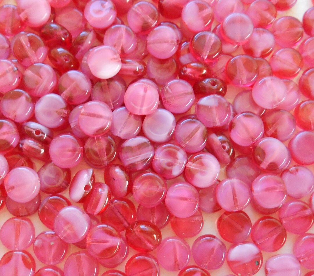 50 6mm Czech Glass Flat Round Milky Raspberry Beads, Pink, Cranberry or ...