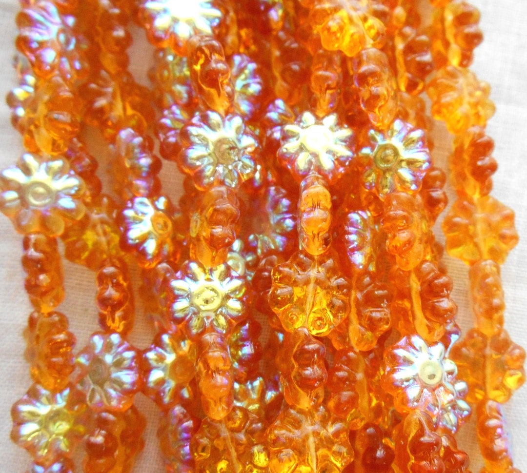 25 9mm Topaz AB Daisy Discs Czech Pressed Glass Amber AB Flower Beads ...