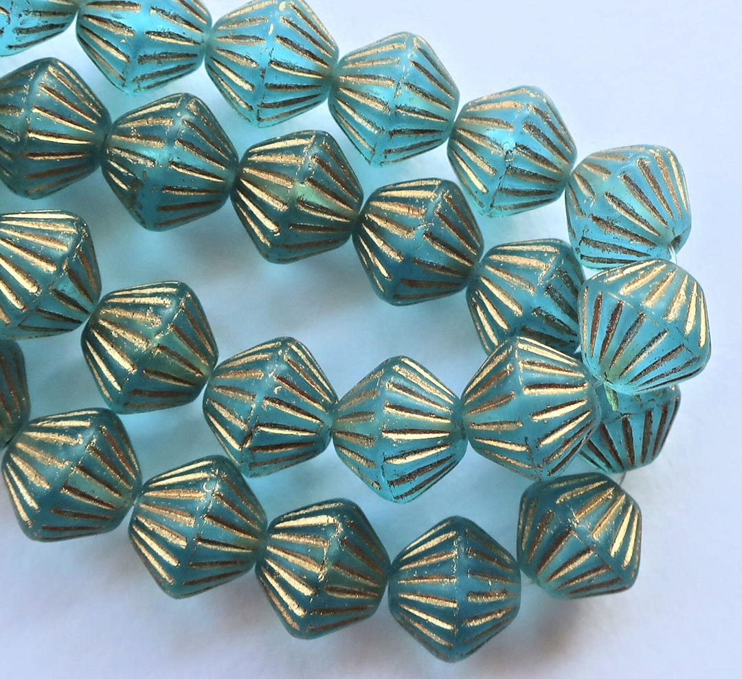 Five Czech Glass Bicones - 11mm X 10mm - Aqua or Sky Blue With Gold ...